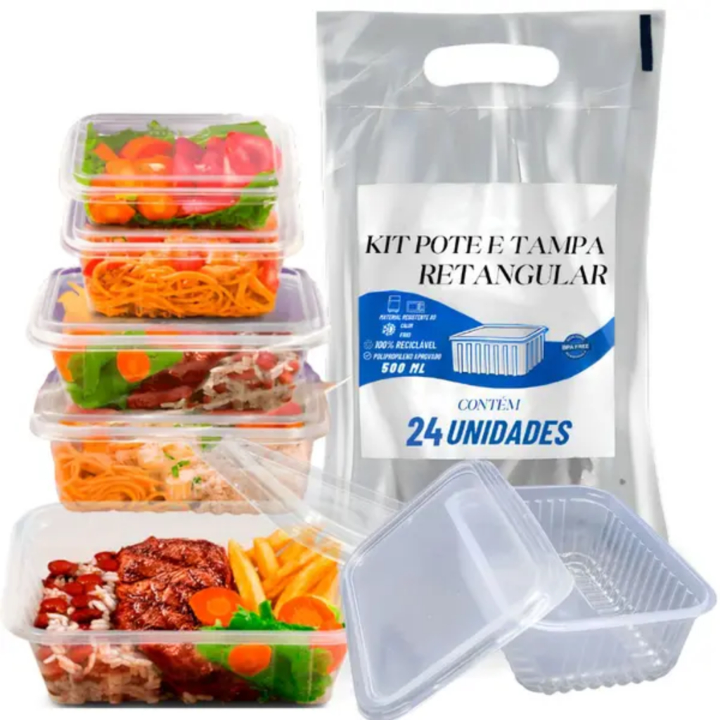 Kit 24un Marmita Pote Retangular Com Tampa Descartável 250/ 500/ 750/ 1000ml Dieta Fitness ...