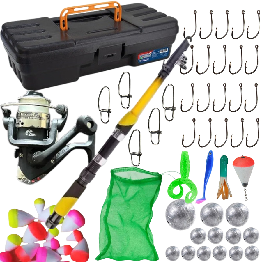 Kit Pesca Completo com Vara Molinete Sambura Iscas Anzol Chumbada Boia ...