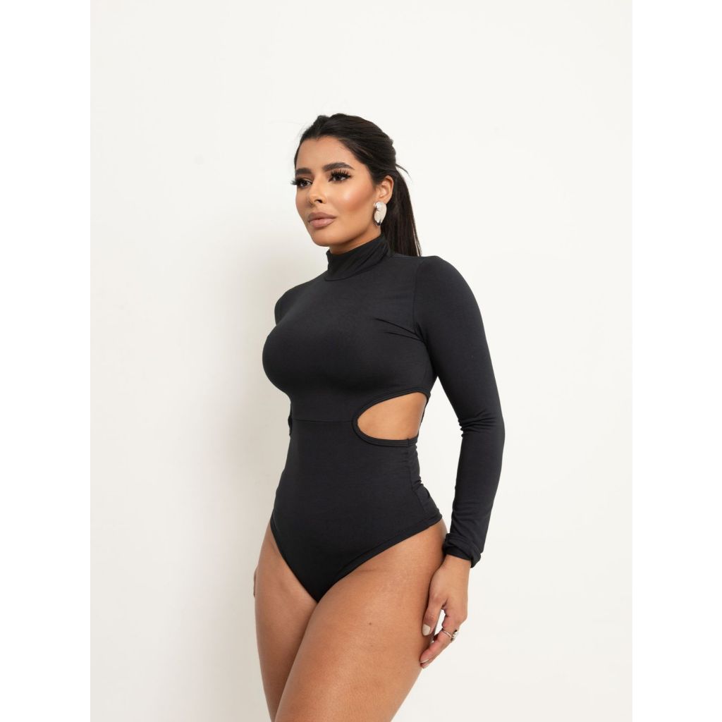 Body Feminino Bory Preto Gola Alta Manga Longa Recorte na Barriga Estiloso Chic Basico Casual ...