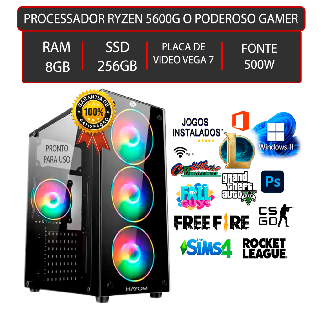 PC GAMER AMD RYZEN 5 5600G 8GB (RADEON VEGA 7), A520M, SSD 240GB, FONTE 500W , GABINETE GAMER ...