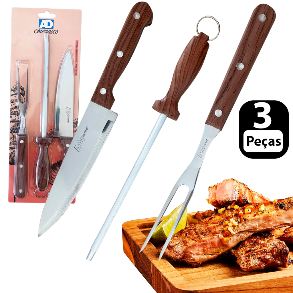 Kit Churrasco Carnes 3 Peças Faca, Garfo E chaira de Aço Inoxidável AD ...