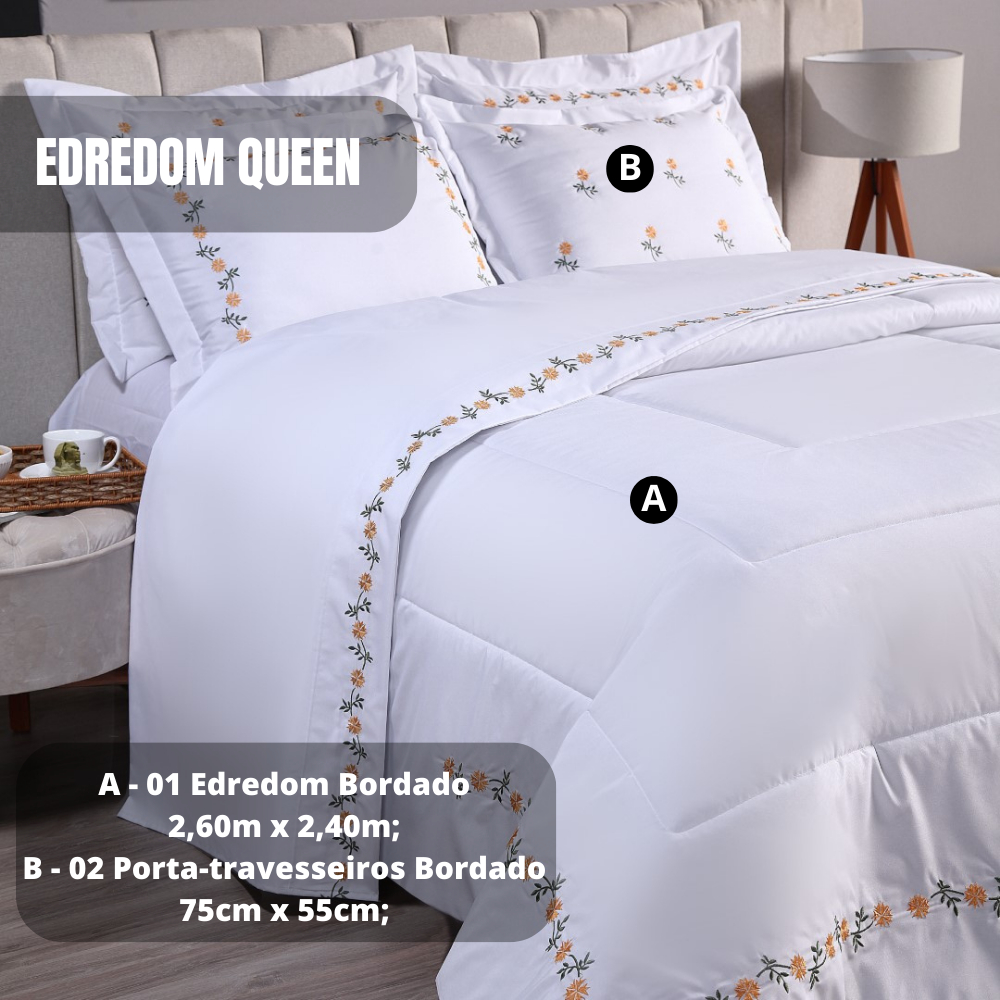 Kit Edredom Casal Queen Bordado 100% Algodão 180 Fios Tecido Percal ...