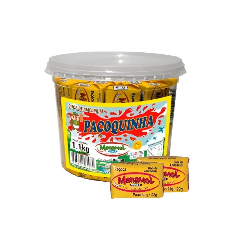 Paçoquinha quadrada embrulhada Manamel pote com 52 unidades | Shopee Brasil