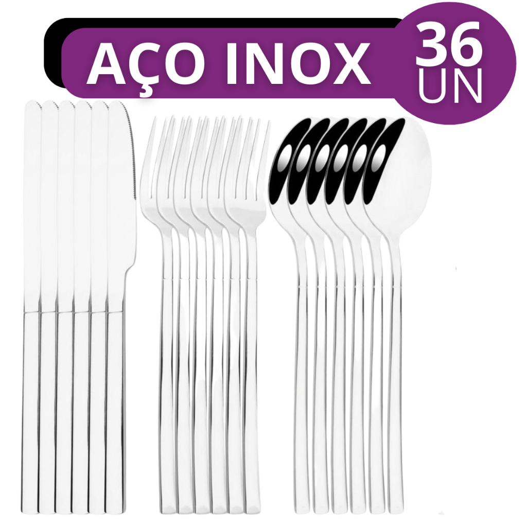 Kit Jogo de Talheres 36 Peças Talher Aço Inox 12 Facas 12 Garfos 12 ...
