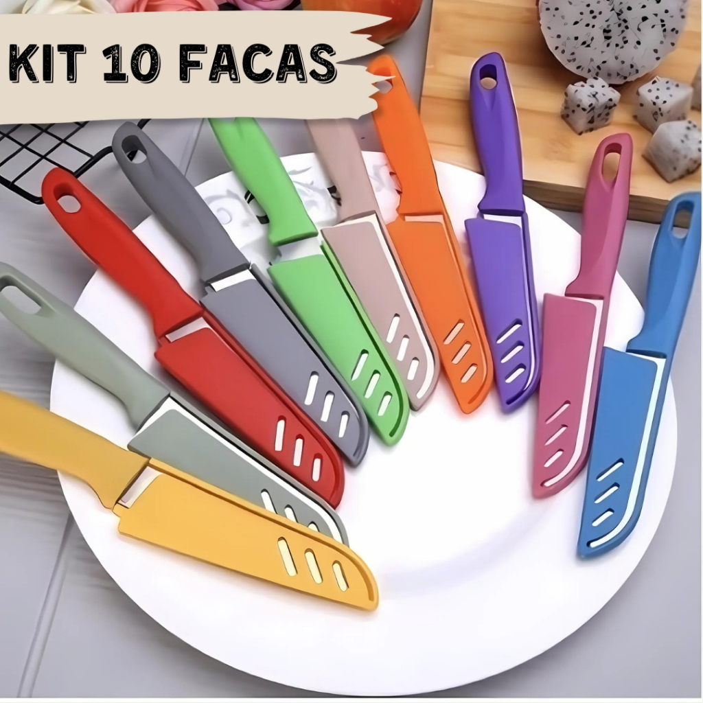 Kit 10 Facas Coloridas 20cm Jogo De Cozinha Aço Inoxidável Faqueiro ...