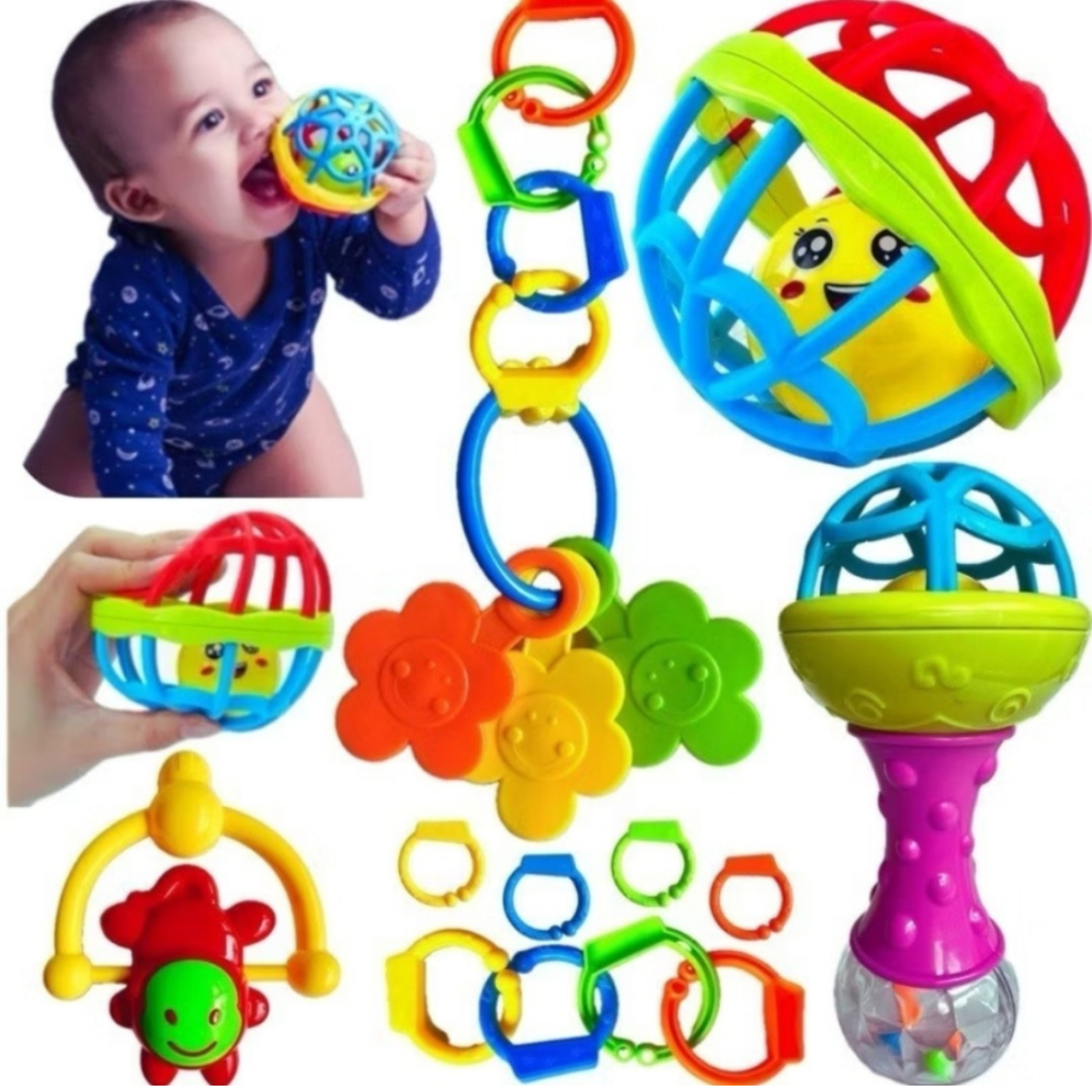 Kit Brinquedo Bebe Chocalho Mordedor Silicone Macio Bola Colorida 8 ...