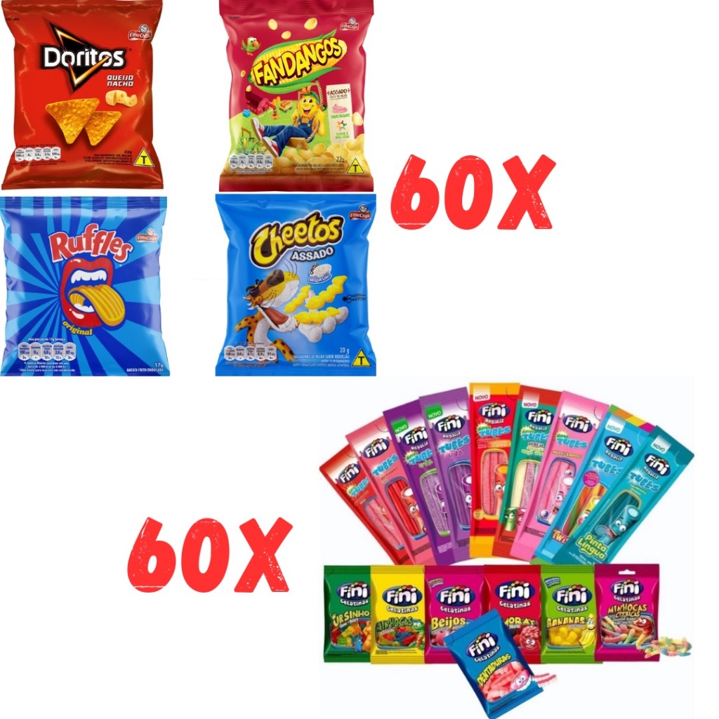 KIT 120 ITENS - 60 SALGADINHOS ELMA CHIPS + 60 FINIS | Shopee Brasil