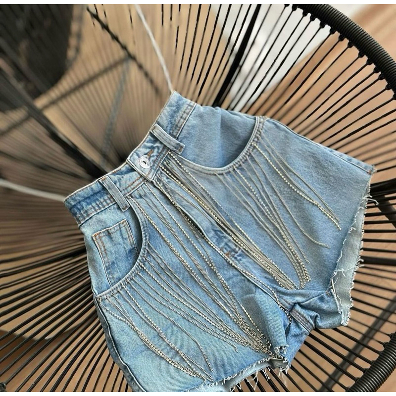 Short Jeans Feminino Pedraria Strass Luxo Brilho | Shopee Brasil