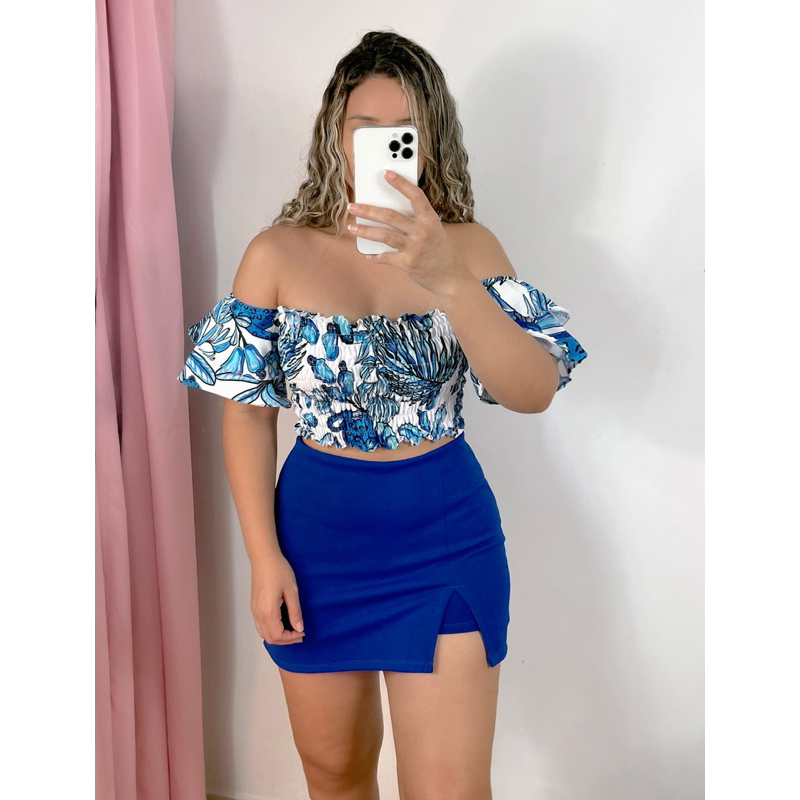 Conjunto Paty Nordestina de Cropped Babado Estampado Farm e Short Saia ...
