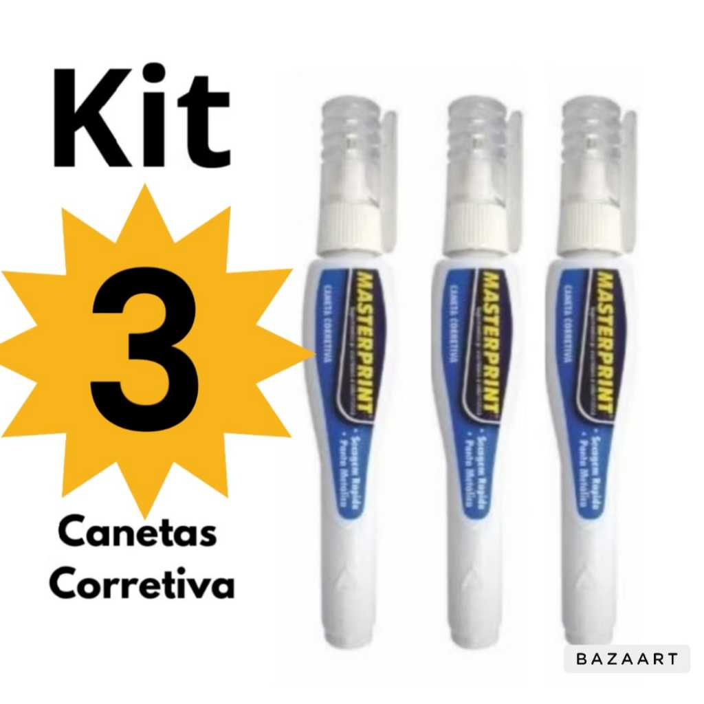 Kit 3 Caneta Corretiva Corretivo em Caneta Canetas Corretiva Escolar ...