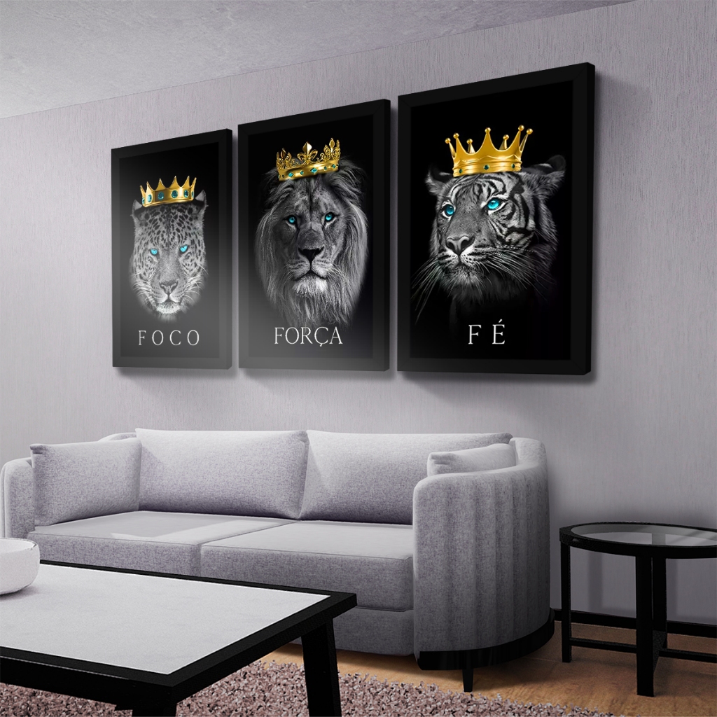 Kit 3 Quadros Decorativos Leão Tigre Frase Foco Força Fé Mosaico Sala ...