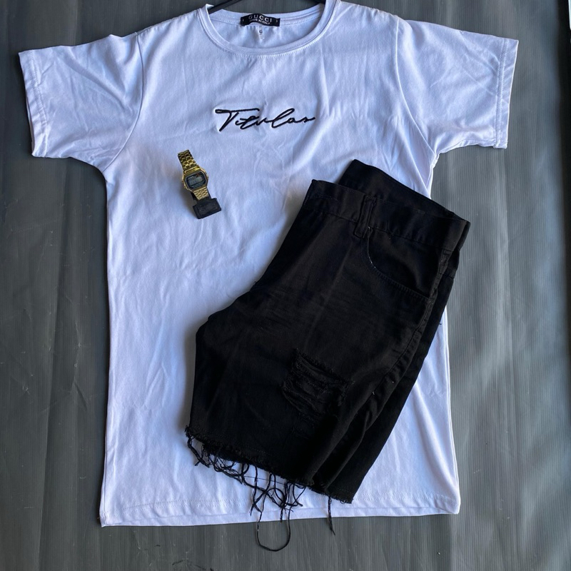 Conjunto Titular Jeans (camisa estilo jogador + short jeans + relogio ...