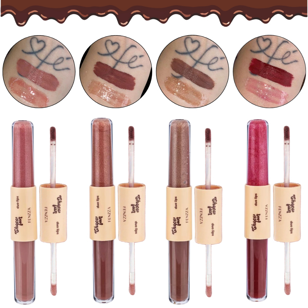 Kit 4 Batons Líquido E Gloss Labial Duo Lips Chocofun Fenzza | Shopee ...