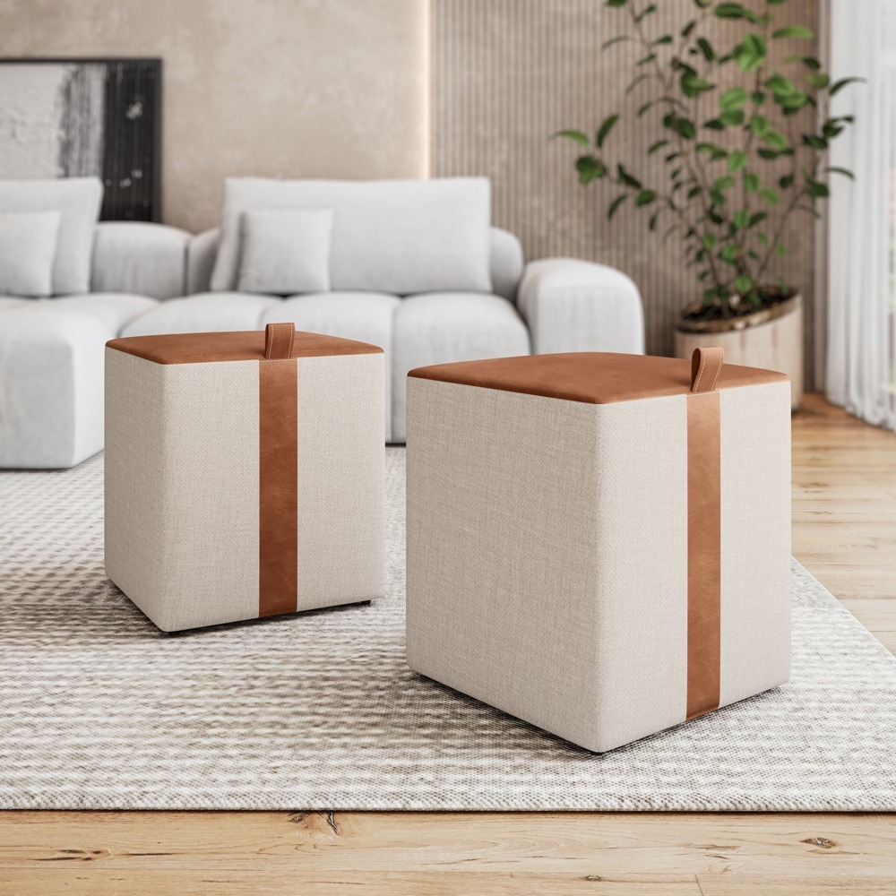 PUFF Quadrado Puf closet Em Linho Premium e Couro Caramelo. | Shopee Brasil