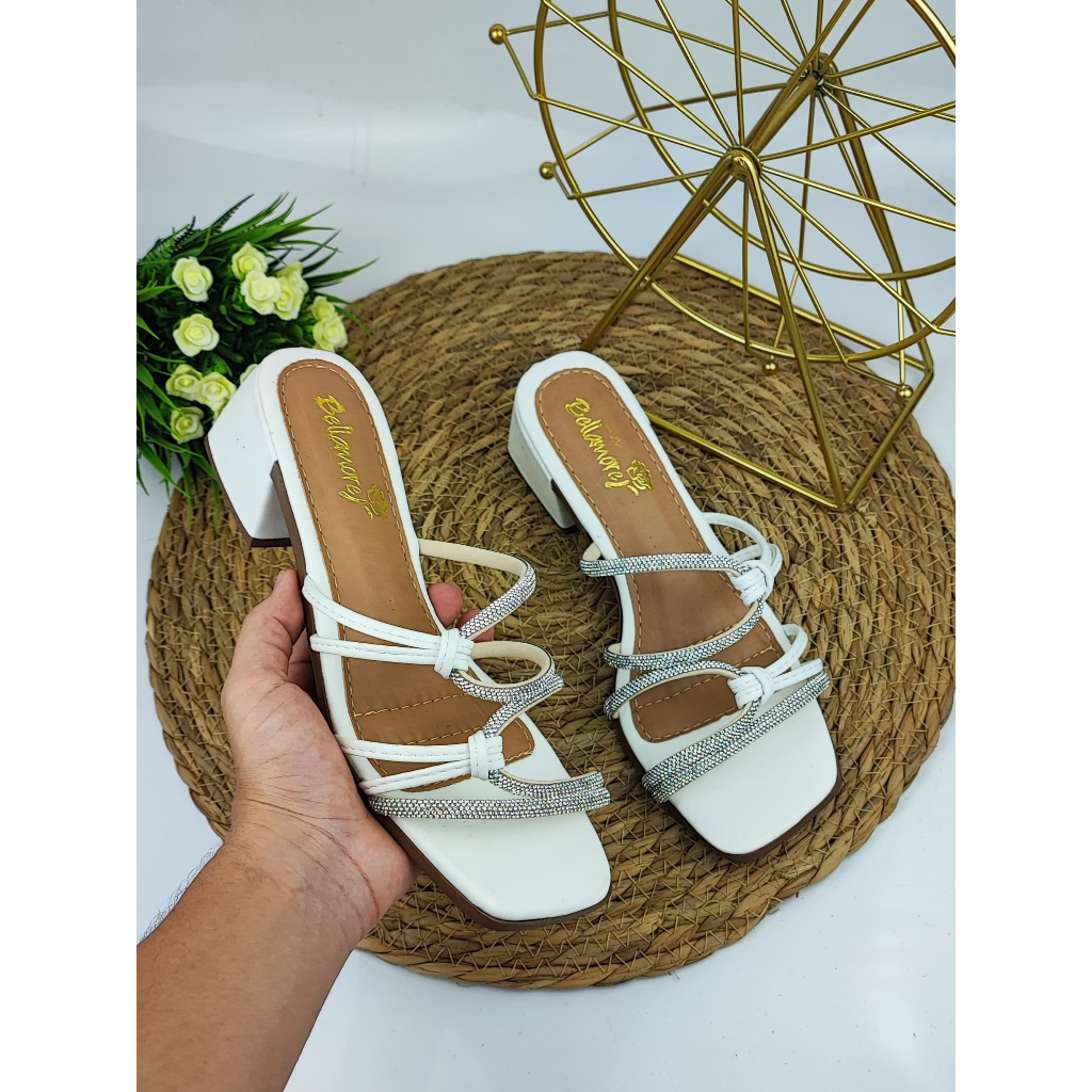 Tamanco Feminino Salbo Baixo Bloco Tiras Com Strass Tendência 2025 Ref ...