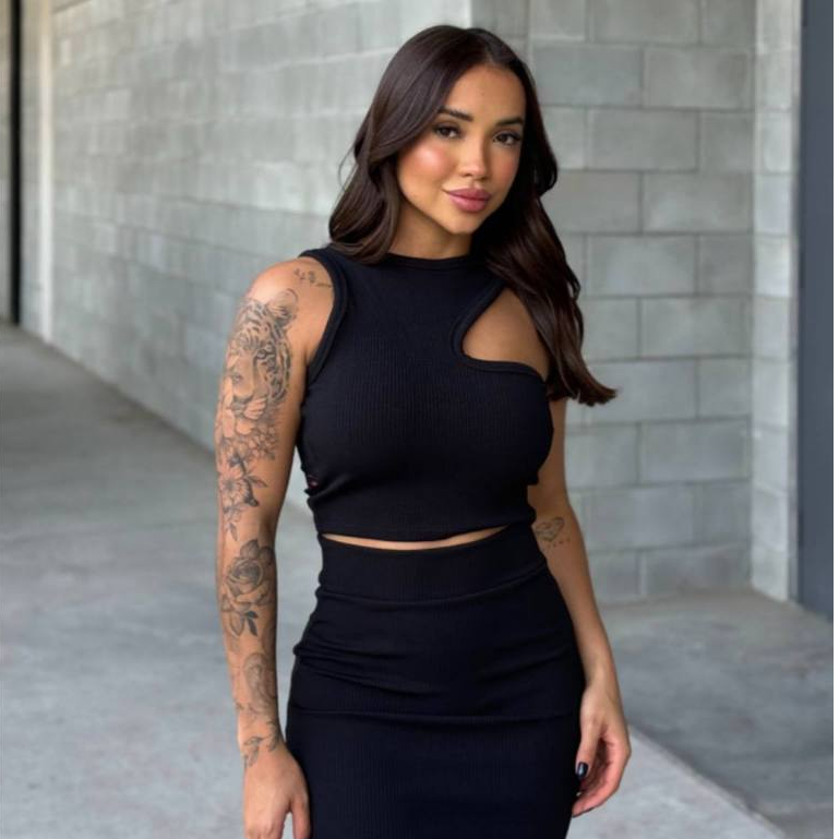 Conjunto Tiffany Feminino Cropped Meia Lua e Saia Cintura Alta Canelado Anarruga Tubinho ...