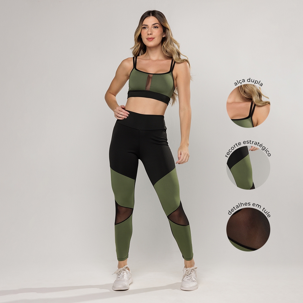 Conjunto Calça Legging Leg Fitness de Tule e Top com Detalhe em Tule de ...