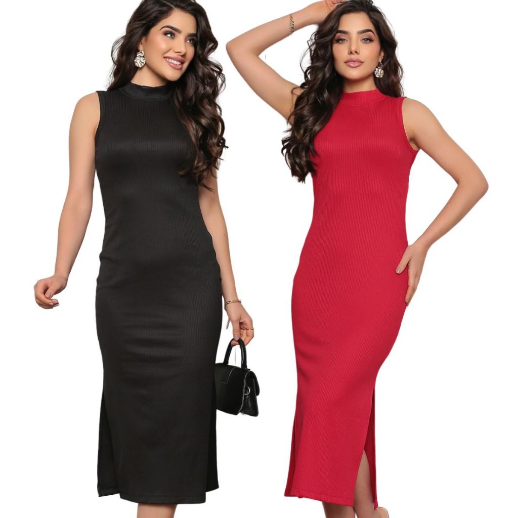 Kit C/ 2 Vestido Midi Feminino Canelado Modelador Fenda Lateral ...
