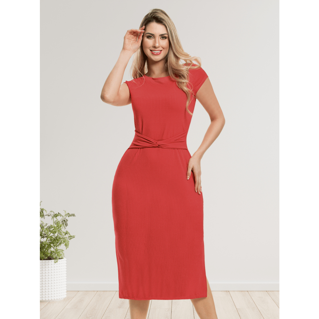 Vestido Tubinho Midi Fenda Lateral Efeito Modelador Manga Curta Moda ...
