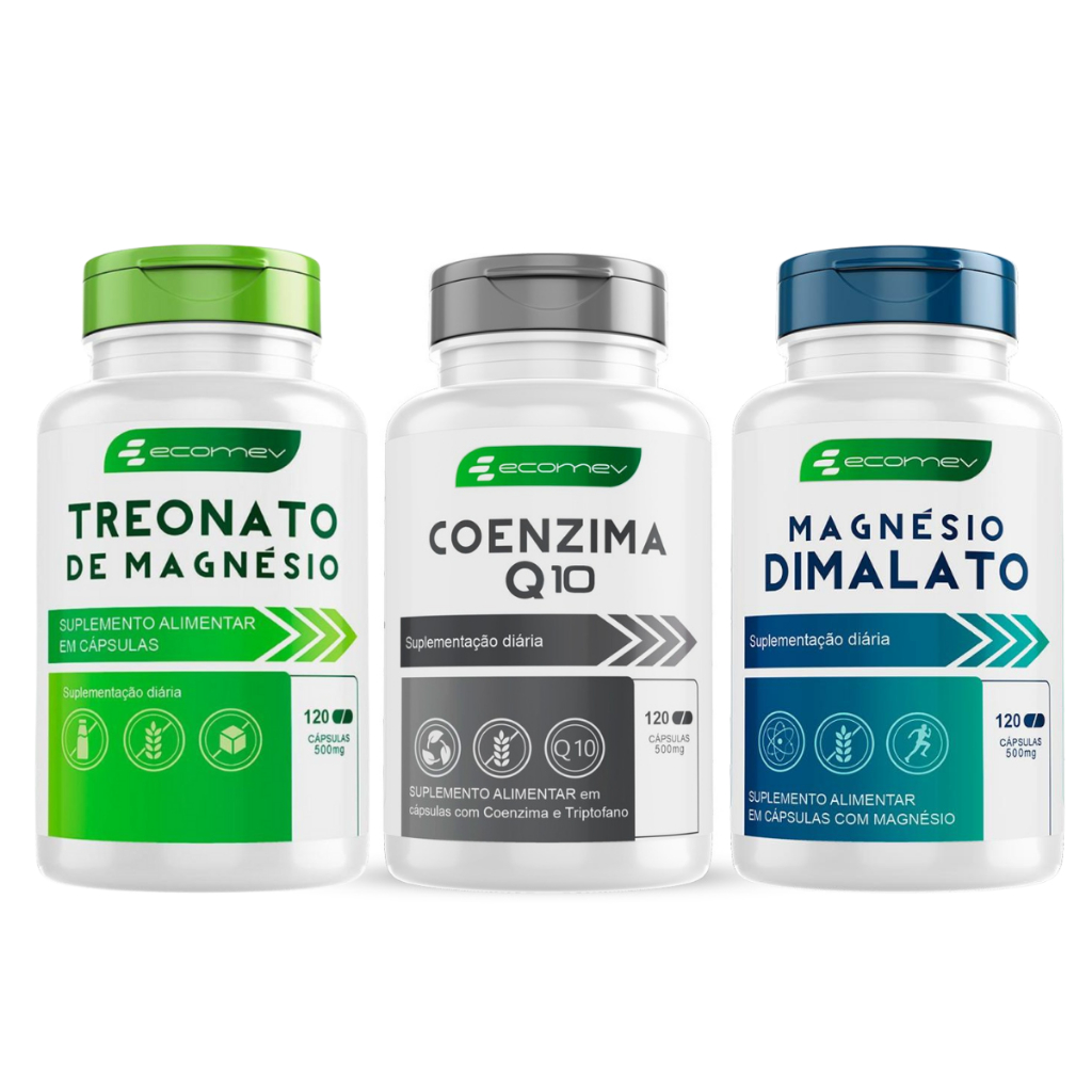 Kit Saude Magnesio Treonato Dimalato Coenzima Q10 Forma Pura Importada 500mg 360Cáps Ecomev ...