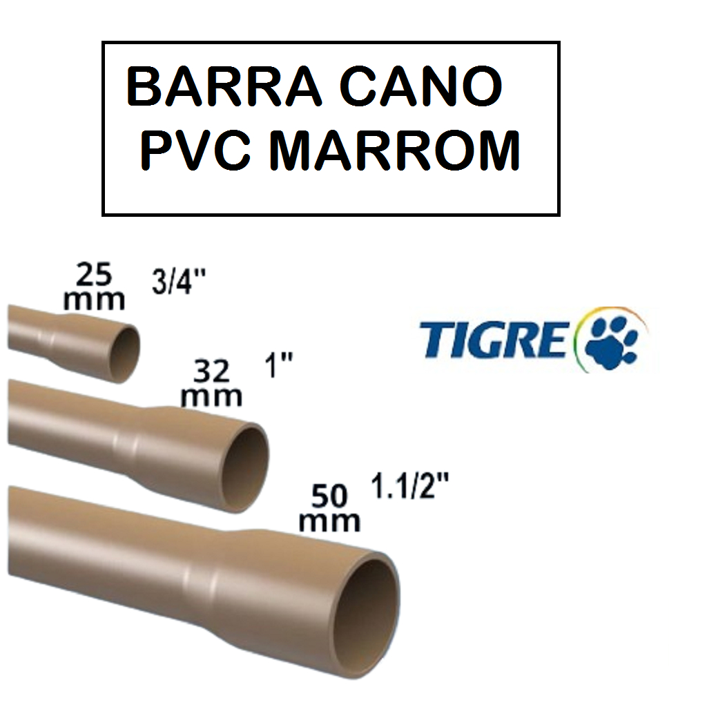 Tubo Cano Marrom PVC 3/4” 25mm Tigre para Agua Fria - Barra com 1, 2 e ...
