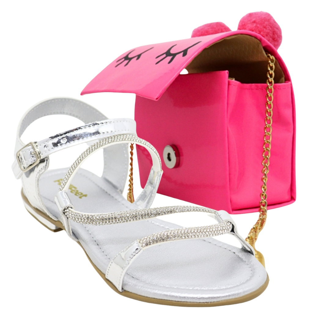 Kit Sandalia Rasteira Infantil Menina Tiras Strass E Bolsa De Pompom ...
