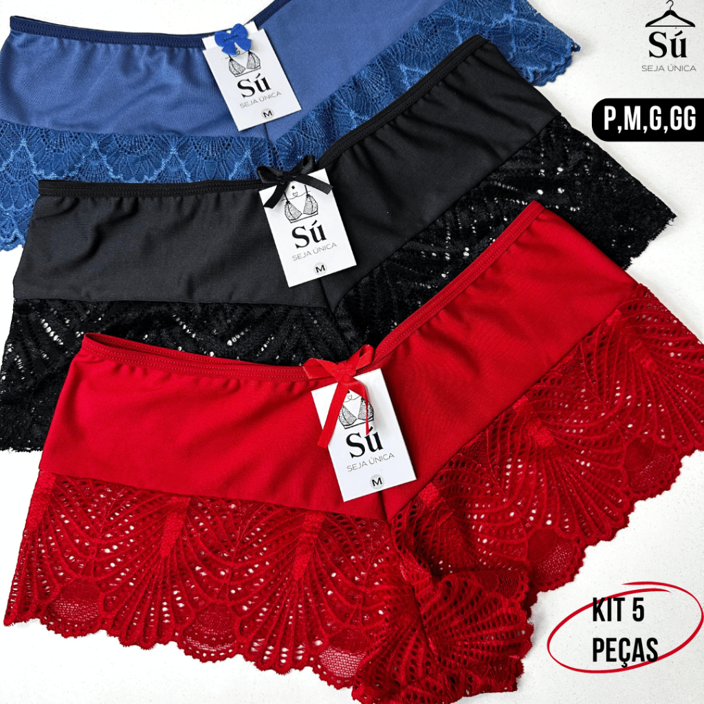 Kit 5 Calcinhas Luxo Renda Box Shortinho Cueca Feminina Forro Algodão Conforto Seja Única ...