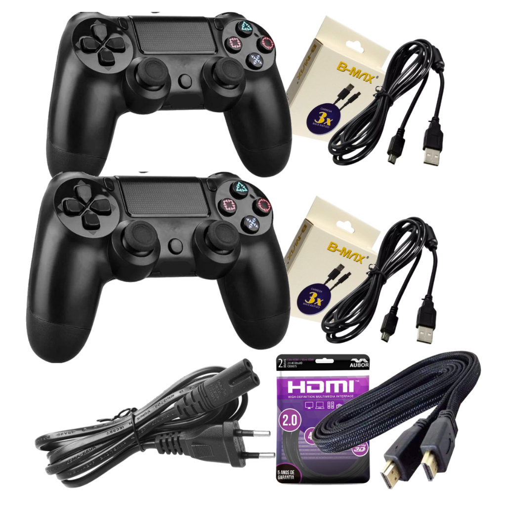 Kit Ps4 2x Controles Com Fio + Cabo HDMI + 2x Cabos V8 + Cabo de Força ...