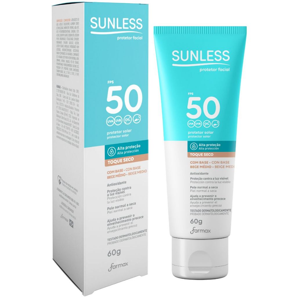 Protetor Solar Facial Bege Médio FPS50 Sunless 60g - Farmax | Shopee Brasil