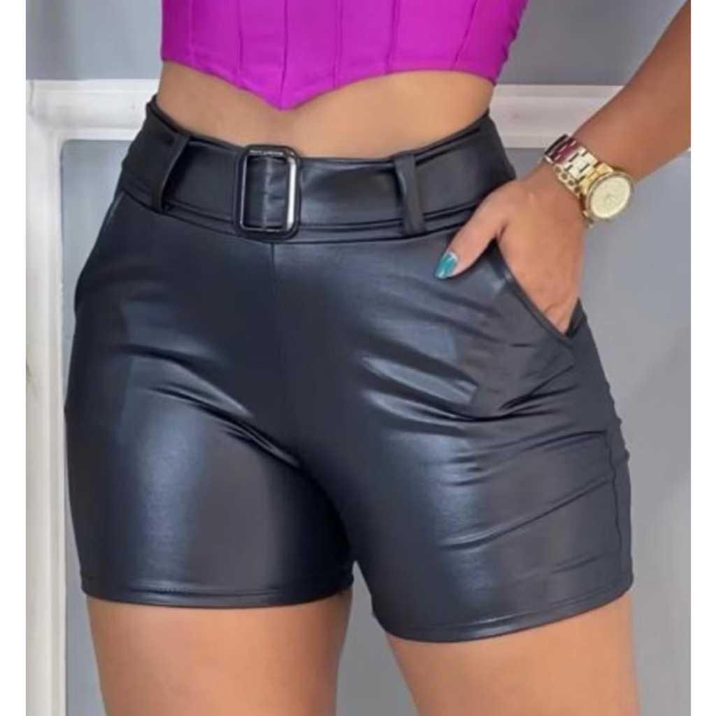 Short Feminino De Couro Fake Tecido Cirre Short Preto De Fivela Cintura ...