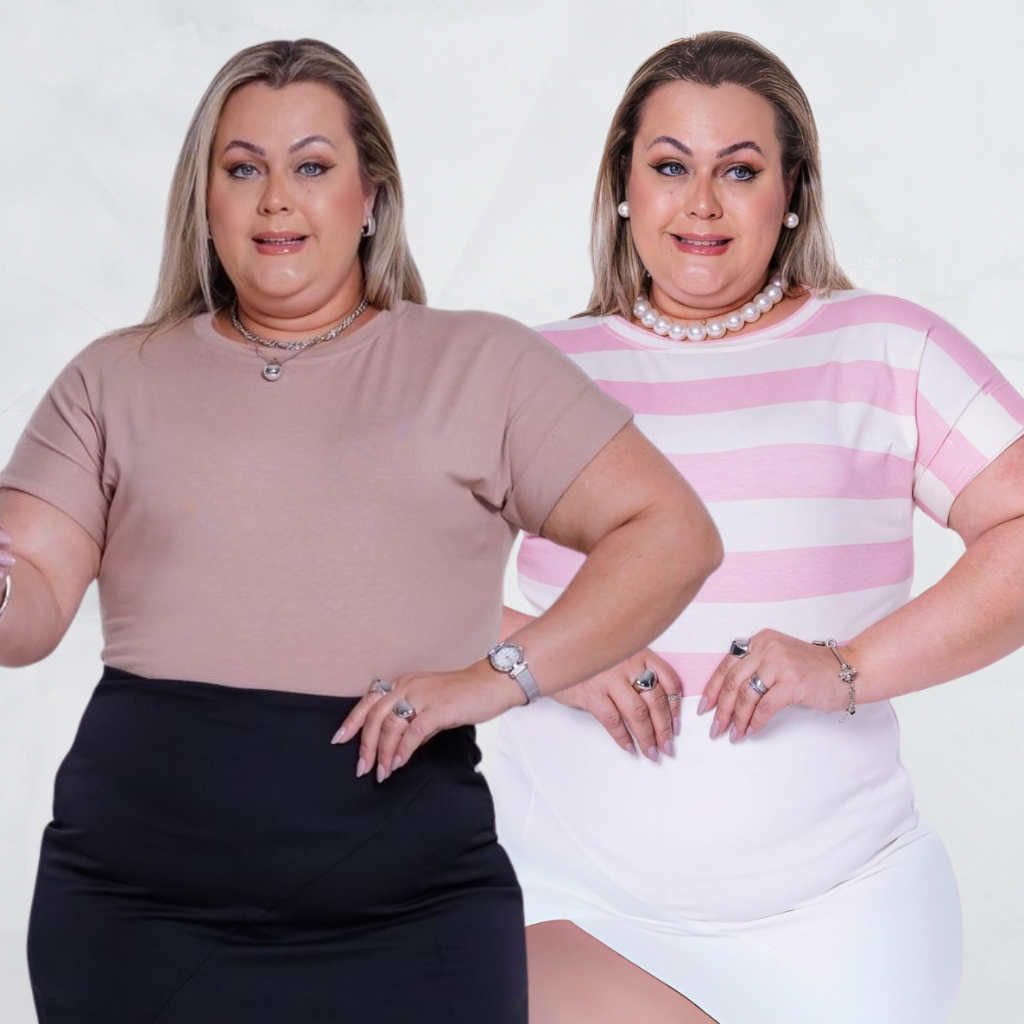 Blusa Camiseta Plus Size Lisa e Listrada Feminina T shirt Manga ...