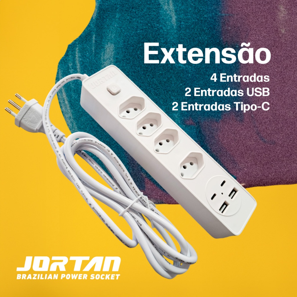 Extensão 2m C/ 4 Tomadas Entrada Usb Type C Régua Elétrica Cabo Filtro de Linha Tomada | Shopee ...