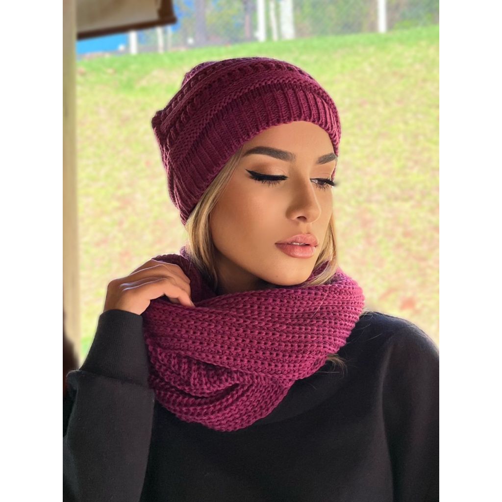 Combo 2 conjuntos gola e gorro unissex moda tricot blogueira | Shopee ...