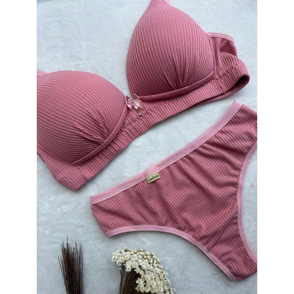 Conjunto Sutiã Bojo Conforto Soft Básico de Suéde e Calcinha canelada ...