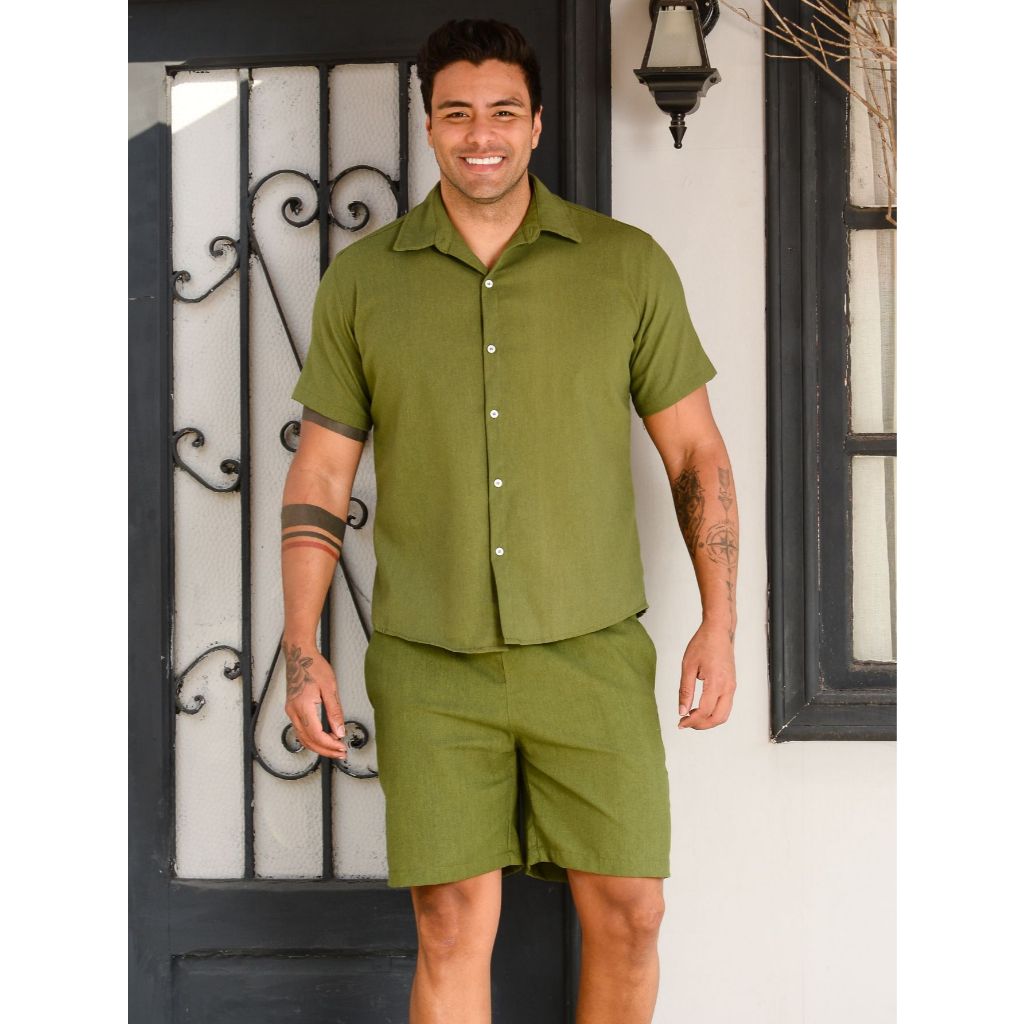 Conjunto de Linho Masculino Camisa botão Linho Short Linho Masculina ...
