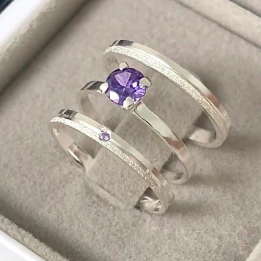 Par de aliança prata 950 minimalista fininha pedra roxa lilas 2mm casal ...