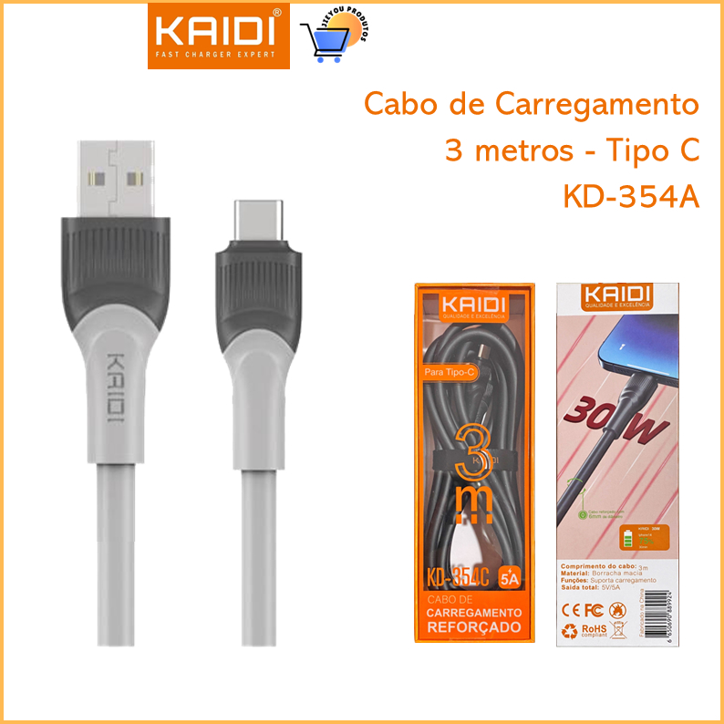 Cabo de Dados e Carregamento 3 metro USB-Tipo-C KAIDI KD-354C | Shopee ...
