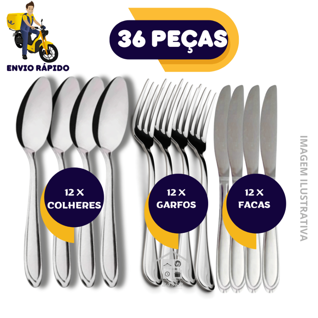 Kit Talheres 36 peças 12 Facas 12 Garfos12 Colheres Restaurantes ...