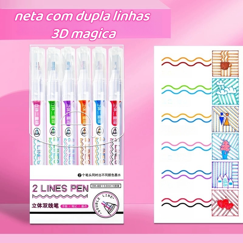 Kit 6 Canetas 3D magica Double Line Duas Cores Duas Linhas Escrita ...