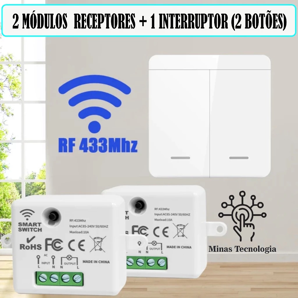 interruptor Módulo rf433 +2 interruptor sem fio - instalação fácil sem ...