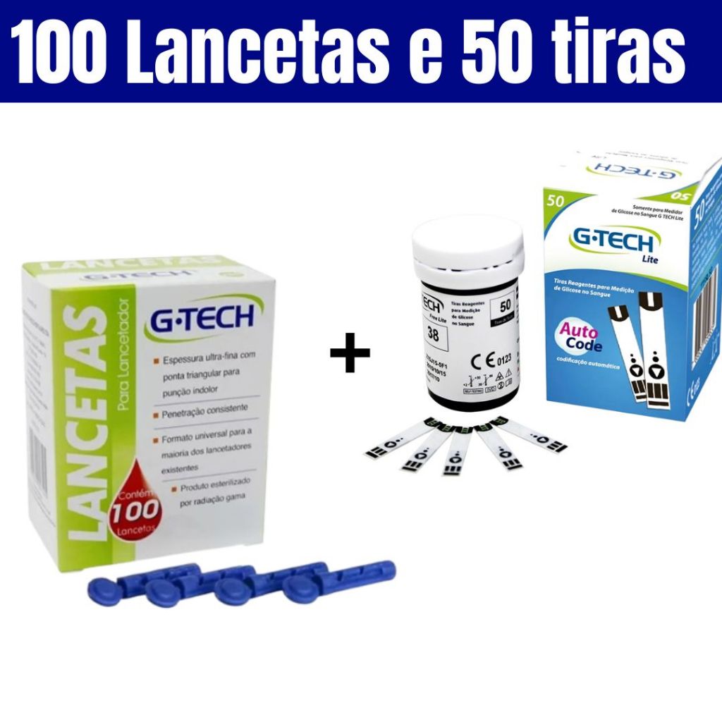 Kit 50 Tiras Reagentes G-Tech Lite Para Monitoramento De Glicose + 100 ...