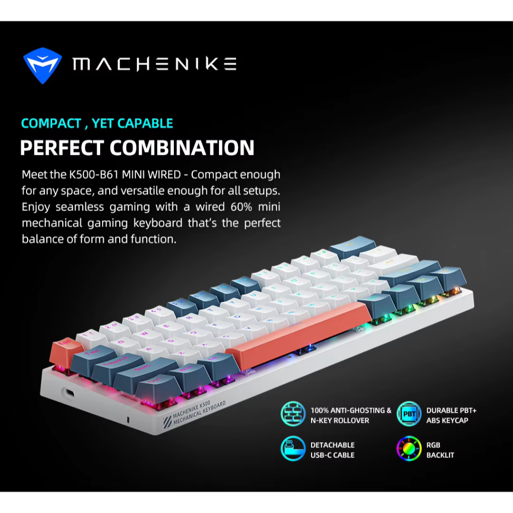 Teclado Mecânico Machenike K500-B61 Mini Formato 60% com Fio, Teclas ...