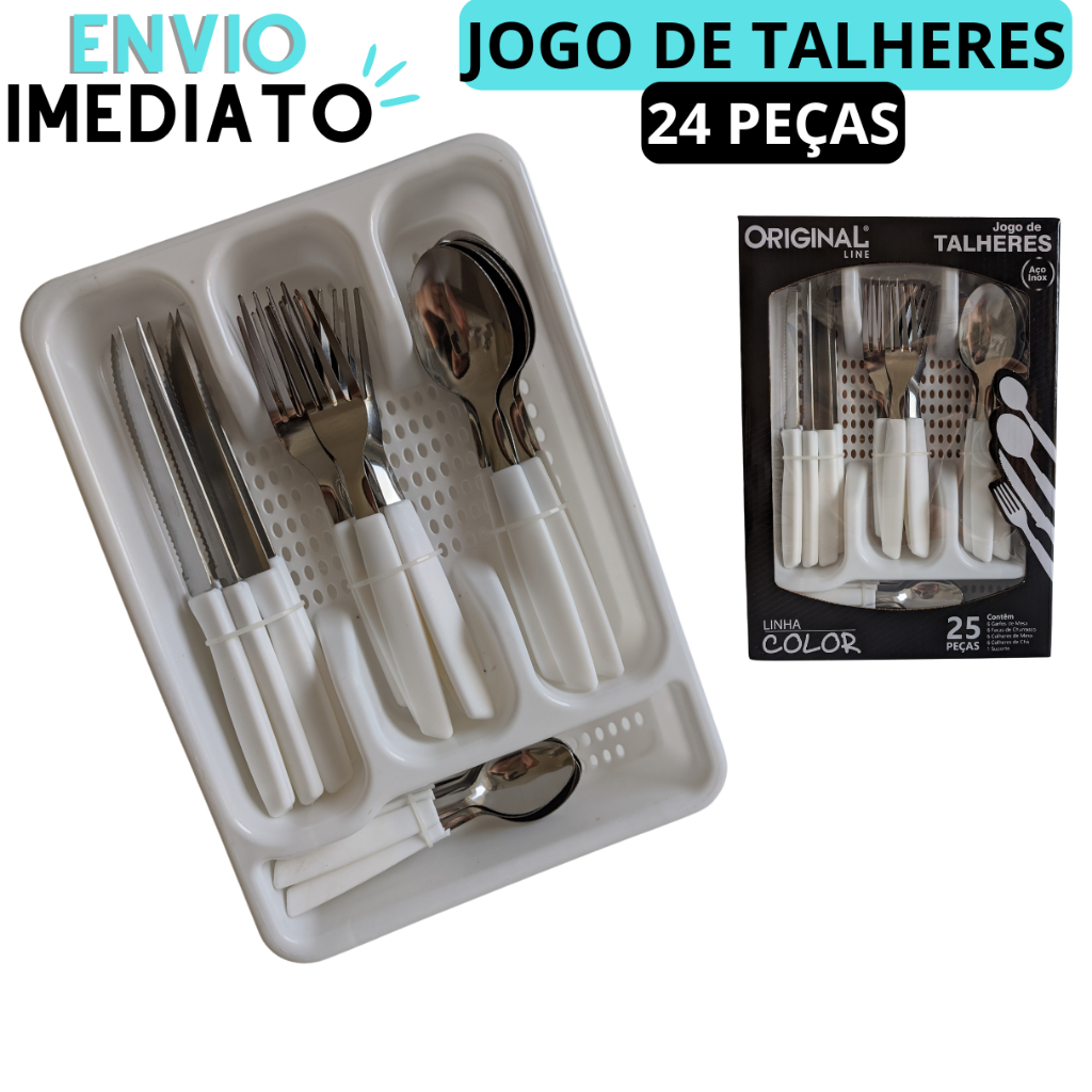 Jogo de Talheres 25 Peças Completo Conjunto Faqueiro Aço Inox ...