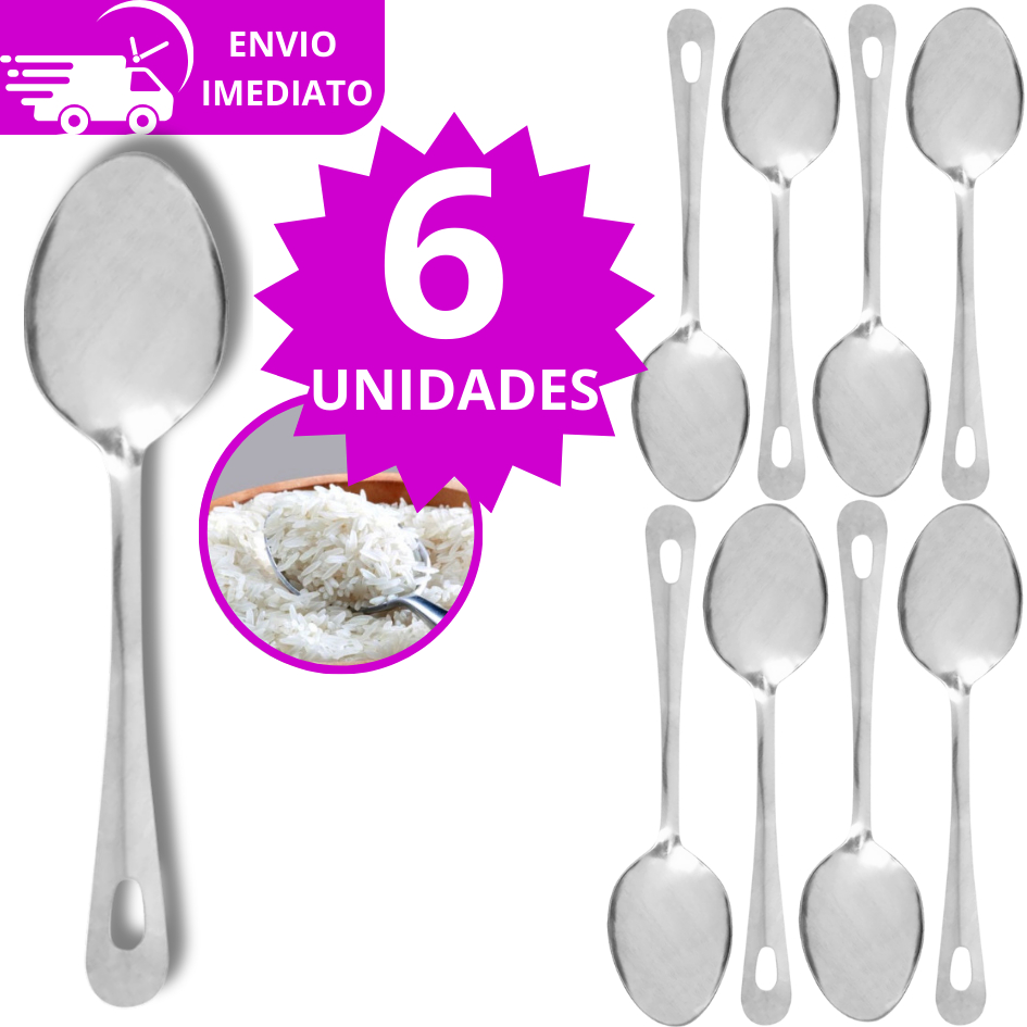 Kit 06 Unidades Colher de Aço Inox Grande para Servir Arroz Cabo Longo ...