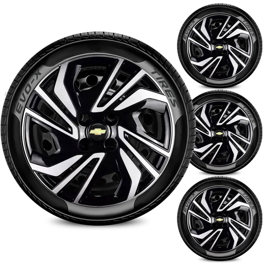 Jogo 4 Calotas Onix 2023 2024 Aro 14 Preto Brilhante e Prata. | Shopee Brasil