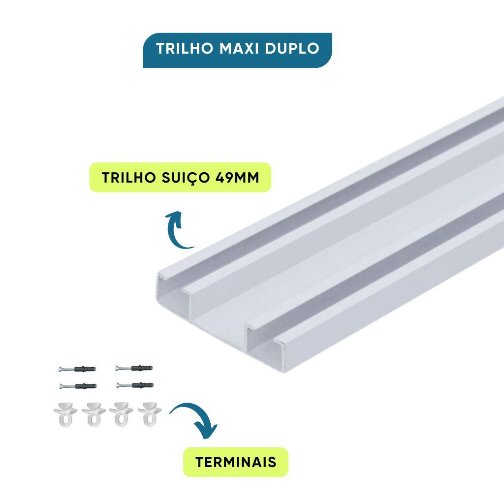 Trilho Suíço Duplo 49mm Alumínio Branco Tamanhos Variados Teto/Sanca ...