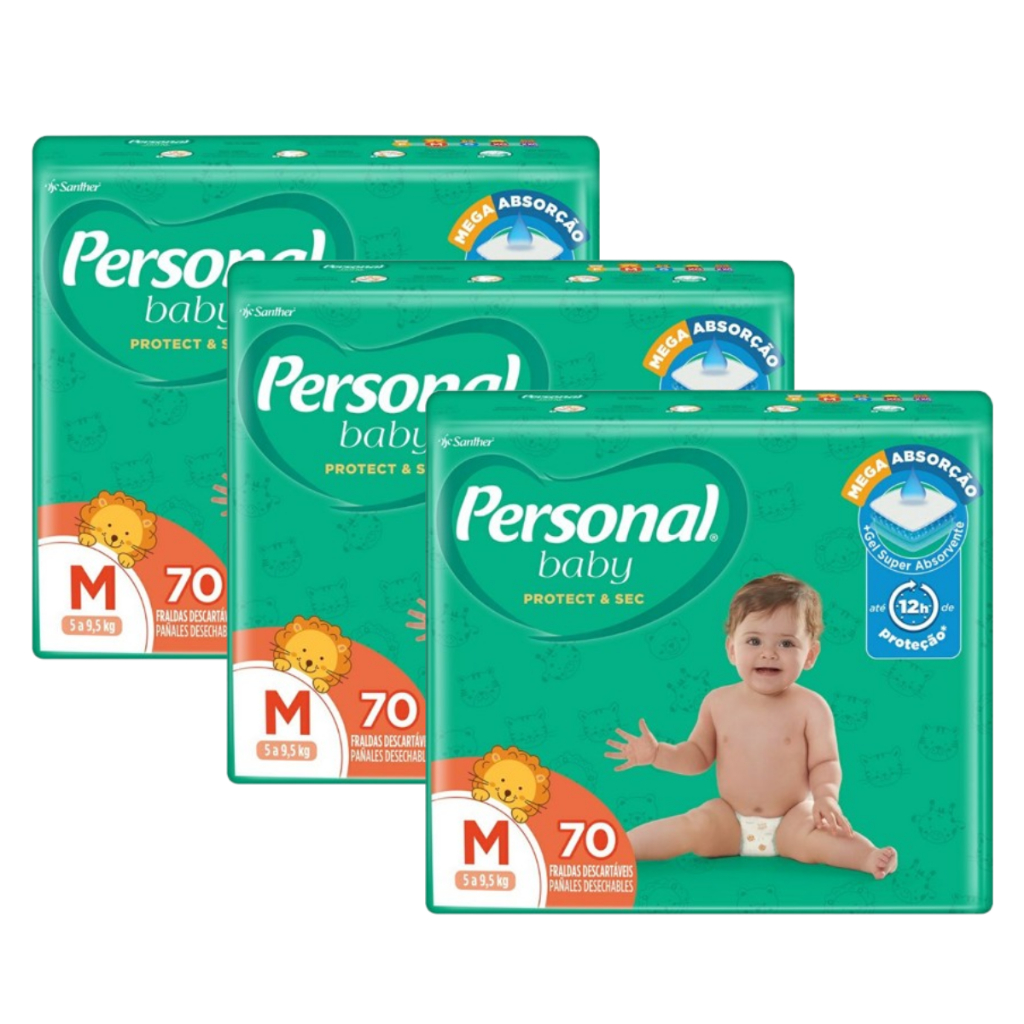 Kit 3 Pacotes Fraldas Personal Baby Hiper - M 70 Cada Total de 210 ...