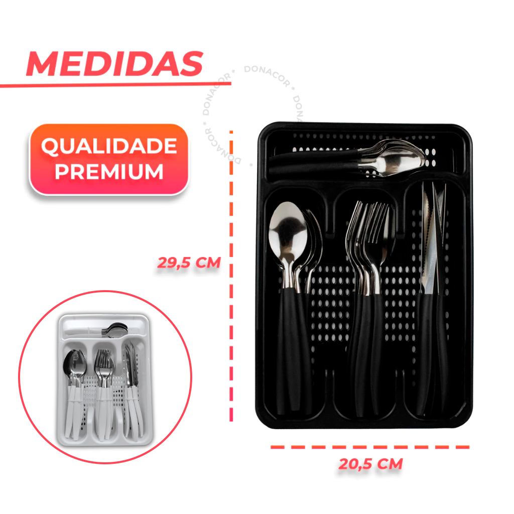 Jogo De Talheres inox Faqueiro Porta Talher Com 25 Peças Preto Branco E ...