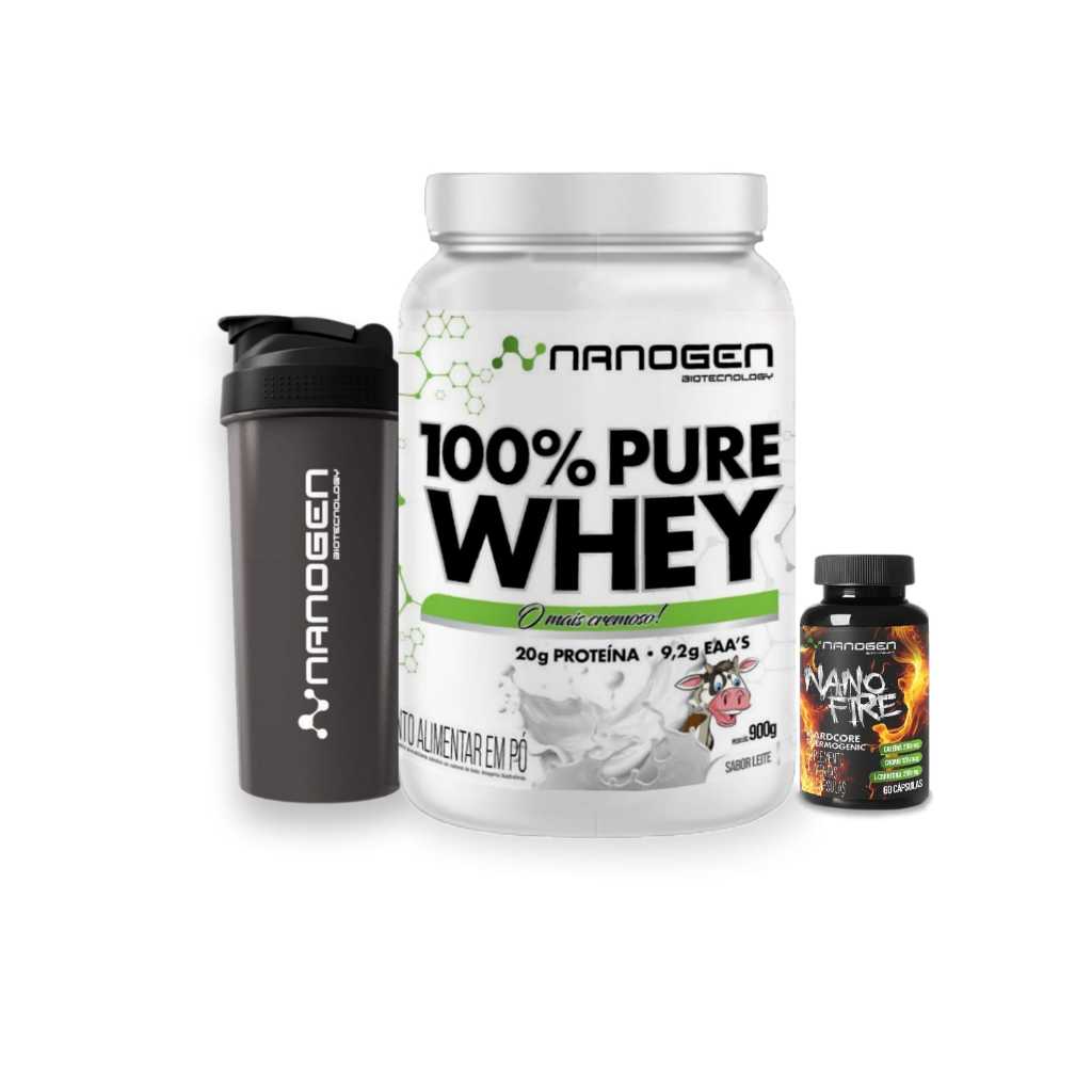KIT SECA BARRIGA - 100% WHEY NANOGEN 900G + NANO FIRE 60 CAP + COPO ...