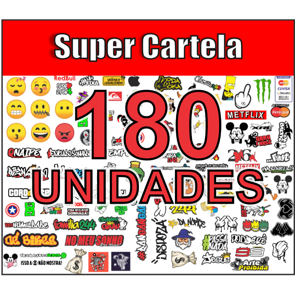 Super Cartela Kit 180 Unidades Stickers Adesivos Capacete Moto Bike Carro Pc Computador Celular ...